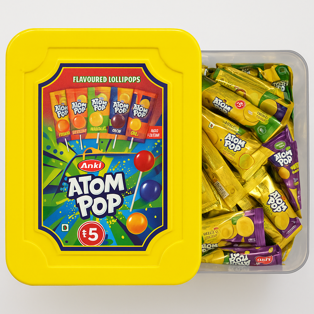 Atom Pop Flavored Lollipops – ₹5 Candy Box (Assorted Fruit Flavors, 10 ...